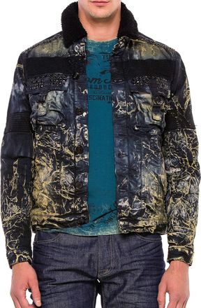 Cipo & Baxx Herren Jeansjacke CJ245 Schwarz - Stylische Denim Jacke im Used-Look mit Kunstfellkragen & Zierdetails - Modische &Uuml;bergangsjacke f&uuml;r Alltag, Freizeit 