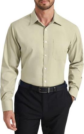 Hisdern Chemise Khaki Clair à Manches Longues pour Hommes Chemise Habillée en Fibre de Bambou Coupe Régulière Chemise sans Repassage avec Poche,2XL