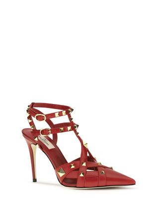 Valentino Garavani Womens Studdy D&eacute;collet&eacute; Kidskin Bright Red Goatskin-Hircus Goatskin Sandal Goatskin/hircus