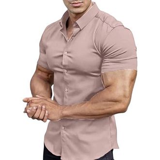 Generic Chemise habill&eacute;e coupe ajust&eacute;e pour homme, chemise daffaires &agrave; manches courtes, couleur unie, chemises formelles grande taille, hauts boutonn&eacute;s, haut 