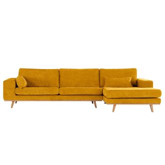 M&oslash;rteens home24 Ecksofa mit Longchair Gelb/Senfgelb Webstoff Cieli 281 x 81 x 153cm Longchair davorstehend rechts Buche Hell Modern