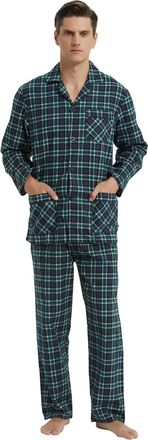 Global Herren Schlafanzug Flanell | Herren Pyjama Set Lang Baumwolle | Herren Zweiteilige Nachtw&auml;sche Loungewear Schlafanzughose Lang Gummizug und Kordelzug|