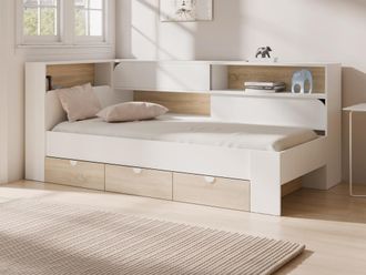 Vente-Unique Bett 90 x 190 cm mit Stauraum - Farbe: Weiß und natürlich + Lattenrost - TAMADU