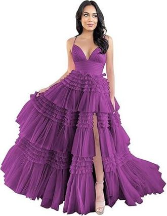 Generic Robes de bal en tulle &agrave; volants longue robe de bal col en V robes de soir&eacute;e formelles avec fente, violet, 6XL Grande taille