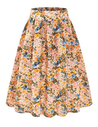 Bbonlinedress Rock Damen mit Blumendruck a Linie Knielang Sommer R&ouml;cke Casual Hohe Taille Midirock Swing Freizeitrock White Mixed Flower L