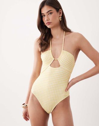 Asos Badeanzug in Hellgelb mit Vichy-Karos und Cut-out