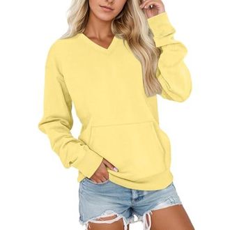 Generic Sweat-shirt de sport ample et tendance &agrave; col en V pour femme - L&eacute;ger et confortable - Pour lautomne et les loisirs - Couleur unie, jaune clair, XXL