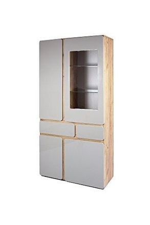 Homexperts Highboard RIMINI / Vitrine mit Glas-Tür / Korpus Melamin goldene Eichen-Optik, Fronten Hochglanz Grau / Viel Stauraum / Hochschrank / XXL Kommode / 99