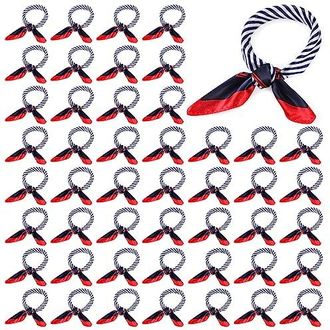 Hicarer 48 Foulards Carrés Nautiques en Rouge Blanc Bleu Écharpe en Soie Imitée Foulard dHôtesse Femme (Style Classique)