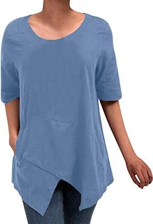 Generic Chemisiers d&eacute;t&eacute; pour femme - Grande taille - Manches quart - T-shirts en coton pour femme - Coupe ample - Chemise en lin boh&egrave;me ample - Haut blanc - H