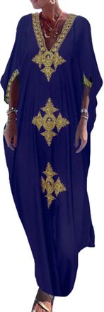 Bsubseach Gold Stickerei Lange Kaftan Kleider V-Ausschnitt Kaftan Kleid Strand Cover Ups f&uuml;r Frauen Dunkelblau