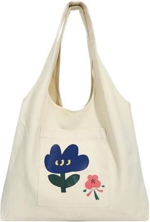 Generic Sac &agrave; bandouli&egrave;re polyvalent en toile de grande capacit&eacute;, sac d&eacute;picerie r&eacute;utilisable pour femme, sac &agrave; main motif fleurs de dessin anim&eacute;, bleu, White