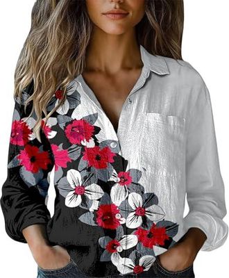 Generico Chemise Femme D&eacute;contract&eacute; &agrave; Manches Longues Chemises en Lin Coton &Eacute;l&eacute;gant Respirant T Shirt Col en V L&eacute;ger Chemisier Vintage Fantaisie avec Boutons Cl