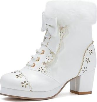 Generic Bottines à lacets vintage pour femme avec fermeture éclair latérale et noeud élégant Lolita, blanc, 37.5 EU