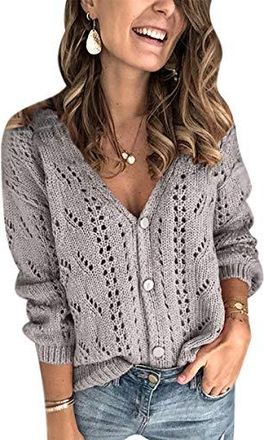 TOMWELL Cardigans Femme Couleur Unie Grande Taille Manche Longue Tricot Évider Col en V Cardigans Pull Casual Col V avec Boutons Veste Chic Cardigan Chemise A