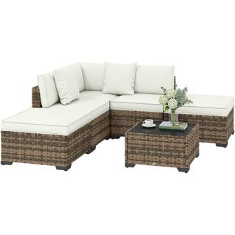 OUTSUNNY Salon de jardin ext&eacute;rieur dangle - Outsunny - 5 places - canap&eacute;s, repose-pieds, table basse et coussins - r&eacute;sine tress&eacute;e - cr&egrave;me