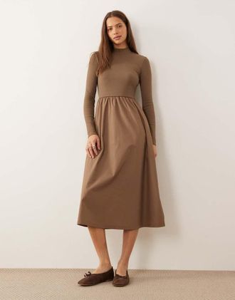 Threadbare Hochgeschlossenes Midikleid aus Jersey-Popeline-Mix in Mokka-Brown