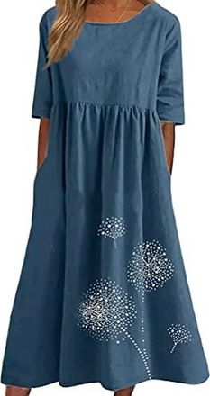 Onsoyours Femme Robe Dété Lin Ample Sport Décontractée Été Élégant Loisirs Vintage Robe Lâche Robe col Rond avec Poche Robe de Couleur Unie Midi Robe B Bleu XL