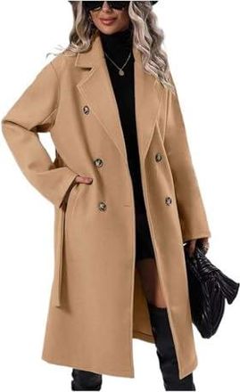 Generic Trench-Coat Long ceintur&eacute; for femmes, veste coupe-vent chaude avec poches avant, v&ecirc;tements dext&eacute;rieur classiques jusquaux genoux(Khaki,XXL)
