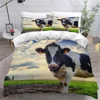 Generic Housse de Couette 240 x 260 Vache LaitièRe Parure de Lit 2 Personnes Paysage de Prairie 3 Pièces Housse Couette en Microfibre Douce Imprimé 3D avec 2 