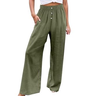 Generic Pantalon en coton et lin pour femme - Jambe large - Pantalon de plage d&eacute;t&eacute; pour femme - Confortable - Pantalon de yoga Palazzo XIYU26038, Vert, 4XL