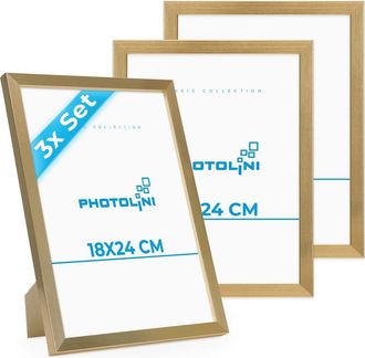 Photolini Bilderrahmen 18x24 Gold MDF-Holz, 3er Set Poster-Rahmen, bruchsicheres Acrylglas, zum Aufhängen & Aufstellen, extra Zubehör - für Fotos & Poster