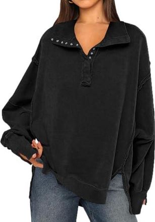 OLIPHEE Sweat Femme Patchwork Grand Col V avec Boutons Pull Vintage Grande Taille Sans Capuche Col Roulé Manches Longues Oversize Casual Sportwear A-Noir XL