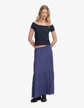 Superdry Jupe longue en tissu &agrave; volants &eacute;tag&eacute;s et petites fleurs - Bleu marine