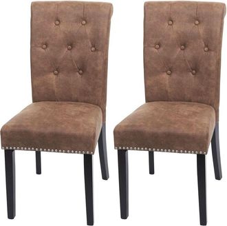 Hhg 2er-Set Esszimmerstuhl Chesterfield ii, Stuhl Küchenstuhl, Nieten Stoff/Textil braun, dunkle Beine