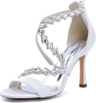 Generic Sandales &Agrave; Talons Hauts Femmes Mari&eacute;e Satin Open Toestylet Talons Et&eacute; Talon Mariage Soir&eacute;e Chaussures Femmes 9.5Cm,Blanc,38 EU