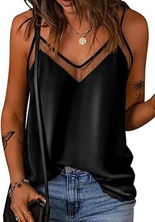 Onsoyours Gilet en Soie pour Femme en Satin Débardeur T-Shirt Spaghetti Bretelles Camisole Col en V Maillot à sans Manches Top Haut Eté A Noir 3XL