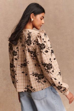 Next Langarmbluse Beflocktes, lang&auml;rmeliges Oberteil mit Kn&ouml;pfen (1-tlg)