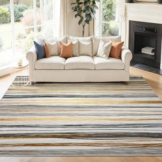 Generic Tapis &agrave; Motif Rayures Peintes &Agrave; La Main Grand Antid&eacute;rapant &agrave; Poils Courts Doux Chambre Poil Ras de Sol Noir Or, 160 x 230 cm