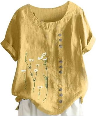 Generic T-shirt Femme Coton et Lin Mode D&eacute;contract&eacute; Col Rond Manches Courtes Tops T-Shirt Femme, jaune, XXL