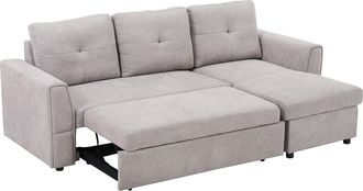 HOMCOM Schlafsofa Ecksofa mit Bettfunktion, 3 Sitzer Couch mit Stauraum, Chaiselongue, Leinenoptik Polstersofa für Wohnzimmer, Grau