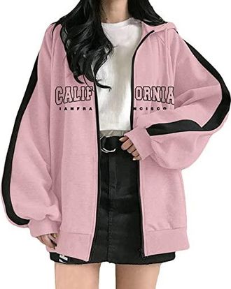 Generic 2026 Vestes &agrave; capuche pour femmes avec fermeture &eacute;clair et fermeture &eacute;clair, veste ample streetwear grande taille, rose, XL