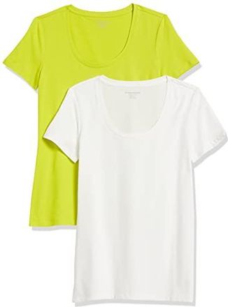 Amazon Essentials T-Shirt Col Rond à Manches Courtes, Coupe Classique (Disponible en Grande Taille) Femme, Lot de 2, Blanc/Vert Citron, XXL