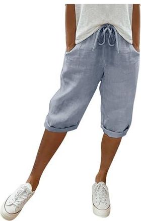 Generic Short d&eacute;t&eacute; d&eacute;contract&eacute; en Coton et Lin avec Cordon de Serrage &agrave; la Taille Poches pour Femme randonn&eacute;e Longueur Genou V&ecirc;tement d&eacute;tente Haute