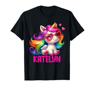 BDAZ Katelyn Personalisierter Name, buntes Einhorn f&uuml;r Damen und M&auml;dchen T-Shirt