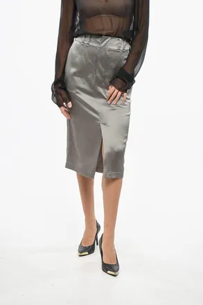 Saint Laurent Silk Midi Skirt with Front Slit Saint Laurent