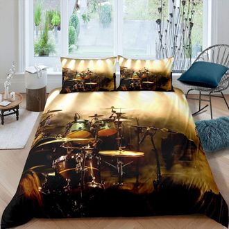Generic Bettw&auml;sche 155x220 cm Schlagzeug 3 Teilig Bettbezug 155 x 220 Musikmotiv Bettw&auml;sche-Sets 3D Weiche Mikrofaser Bettbezug Set mit Rei&szlig;verschluss + 2 Kis