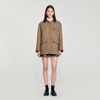 Sandro Manteau en tweed à col en cuir