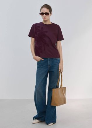 Mango T-shirt coton broderie &agrave; fleurs lie de vin - Femme - XXS - MANGO