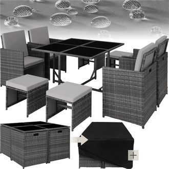 TecTake Lounge Möbel Set aus 4X Stühle, 1x Tisch, 4X Hocker, wetterfest und platzsparende Cube Aufbewahrung inkl. Schutzhülle, Outdoor Rattan Gartenmöbel für 