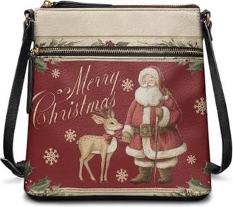 Coloranimal Petit sac &agrave; bandouli&egrave;re pour femme - Sac &agrave; main r&eacute;glable sur le th&egrave;me de No&euml;l - Sacoche zipp&eacute;e, Vintage P&egrave;re No&euml;l &eacute;lan