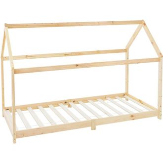 ML Design Kinderbett 90 x 200 cm mit Dach und Lattenrost, Natur, Hausbett f&uuml;r M&auml;dchen und Jungen, Kinderhaus aus massivem Kiefernholz, Bodenbett Jugendbett
