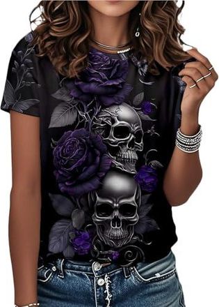 Generic Chemises &agrave; motif t&ecirc;te de mort pour femme, style vintage, gothique, Halloween, imprim&eacute; floral, t-shirt d&eacute;contract&eacute;, haut basique classique, T&ecirc;te de mor