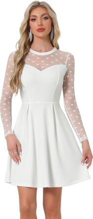 Allegra K Damen Kleid mit Herz-P&uuml;nktchen, Netzstoff, durchsichtig, A-Linie, kurzes Kleid - Wei&szlig; - Mittel