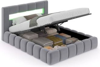 Concept Usine | Lit Coffre 2 Places Omaha 160x200 cm | Design Nuage avec LED Int&eacute;gr&eacute;e | Rev&ecirc;tement Velours Gris | Sommier &agrave; Lattes Inclus | Grand Coffre de Rangemen