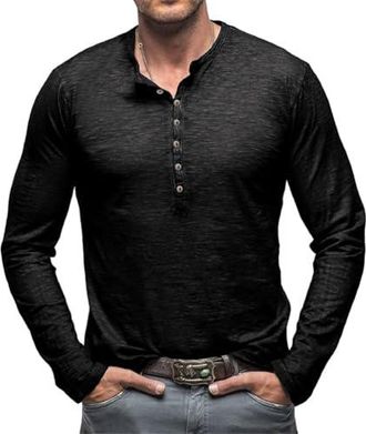 ORANDESIGNE Henley T-Shirts à Manches Longues Homme Bouton Été Causal Slim Fit Col Tunisien Tee Shirt Casual Chemises A Noir XL
